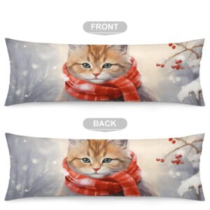 MaSiledy Wintery Cat with Red Scarf Body Pillow Pillowcase 20-Inch X 54-Inch Printed Pillow Cover Christmas Body Pillow Case with Hidden Zipper Closure for Decoration Sofa Couch