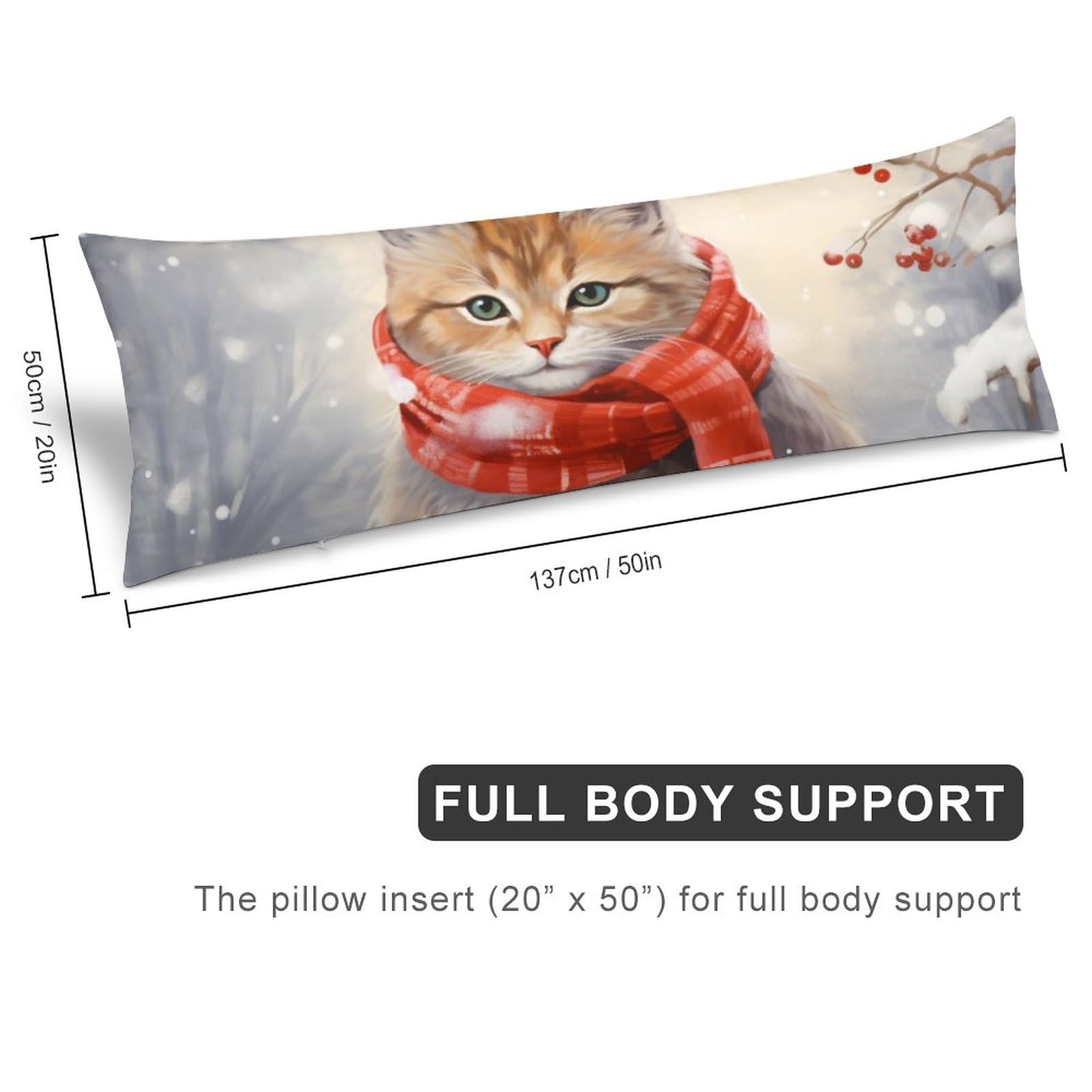 MaSiledy Wintery Cat with Red Scarf Body Pillow Pillowcase 20-Inch X 54-Inch Printed Pillow Cover Christmas Body Pillow Case with Hidden Zipper Closure for Decoration Sofa Couch