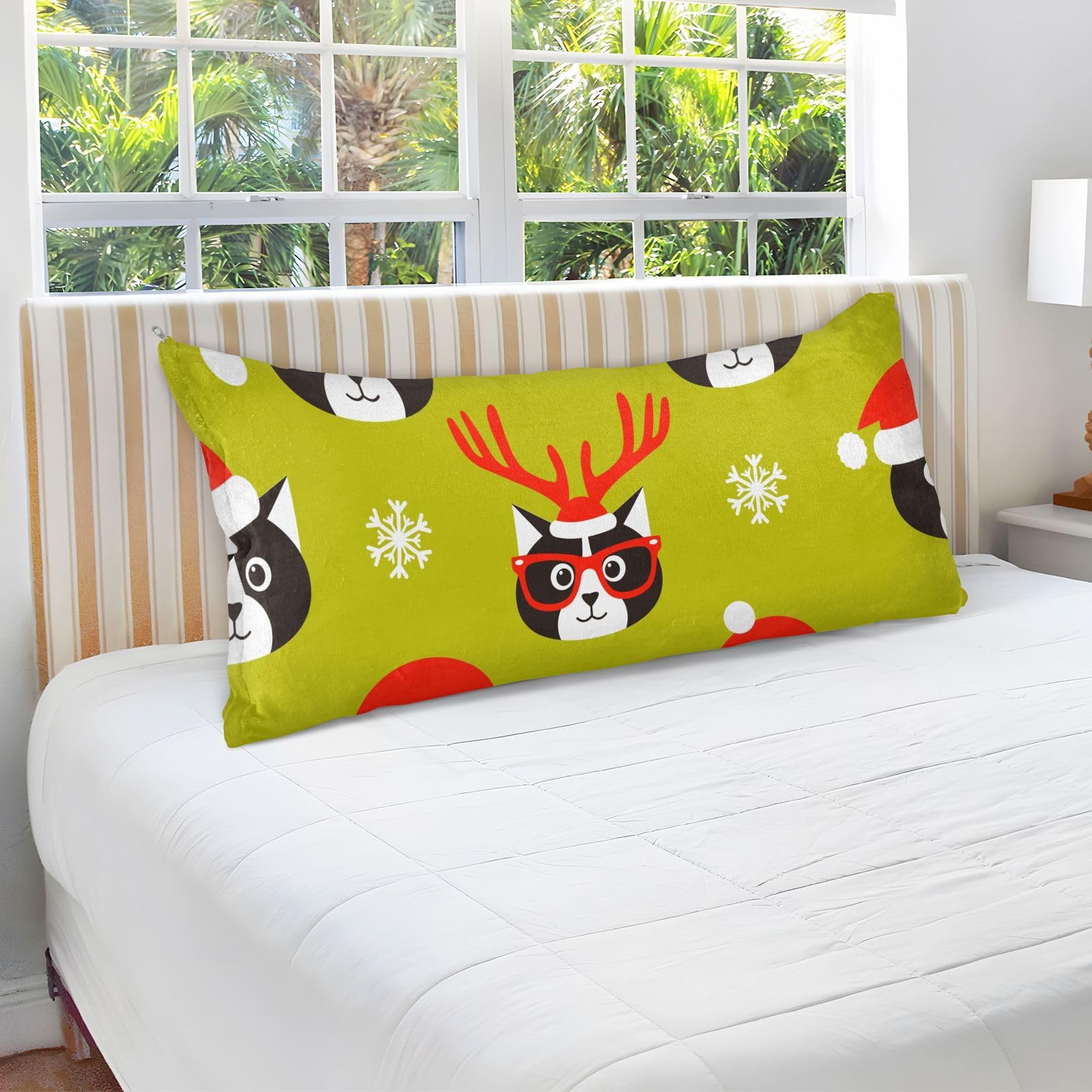 Christmas Cat Cap Pillowcase for Hair and Skin Body Pillow Cover Long Body Pillow Case 20"X 54" Fuzzy Pillow Case with Zipper for Women Men