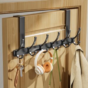 walbest over door storage rack with 5/6/7 hooks, punch free over the door hooks, heavy duty carbon steel door back hooks, mount hanging coat towel bag hat scarf organizer rack hanger black 7 hooks