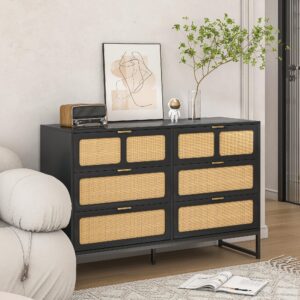 Oubayajia 6 Drawer Dresser for Bedroom, Rattan Dressers Storage Cabinet with Metal Handles, Wooden Chest of Drawers Dresser for Bedroom, Entryway, Living Room, Hallway (black)