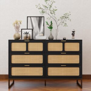 Oubayajia 6 Drawer Dresser for Bedroom, Rattan Dressers Storage Cabinet with Metal Handles, Wooden Chest of Drawers Dresser for Bedroom, Entryway, Living Room, Hallway (black)