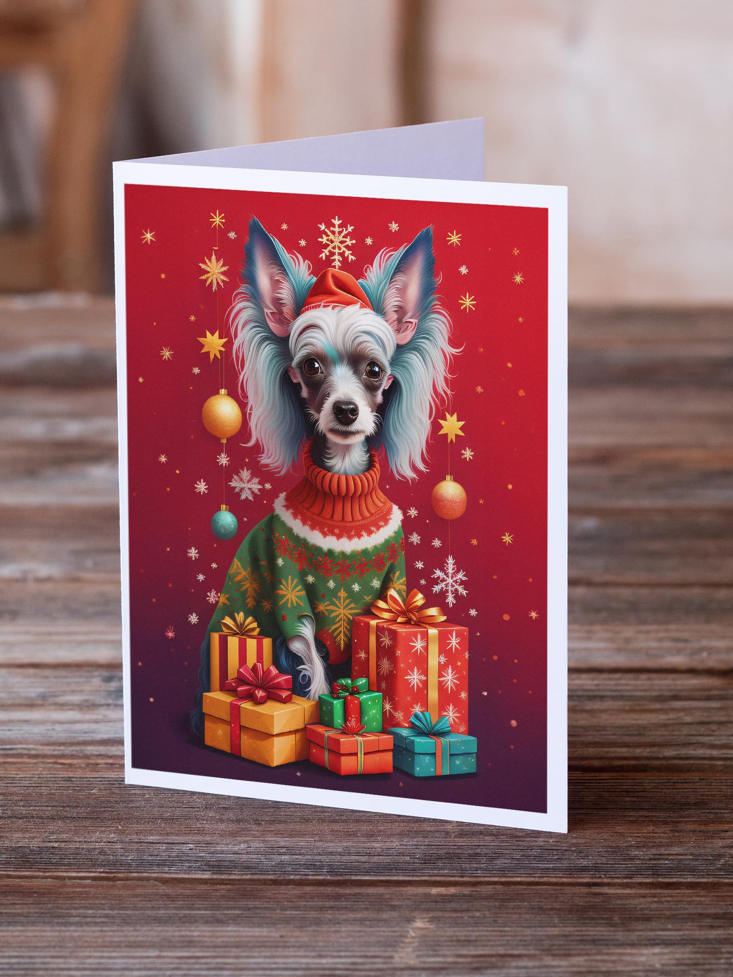 Caroline's Treasures DAC3103GCA7P Chinese Crested Holiday Christmas Greeting Cards Pack of 8 Blank Cards with Envelopes Whimsical A7 Size 5x7 Blank Note Cards