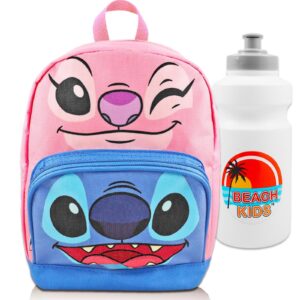 stitch and angel mini backpack for girls - 10” canvas stitch backpack with front pocket plus bottle | lilo and stitch backpack bundle