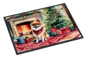 caroline's treasures dac2723mat pomeranian cozy christmas doormat front door mat indoor outdoor rugs for entryway, non slip washable low pile, 18h x 27w