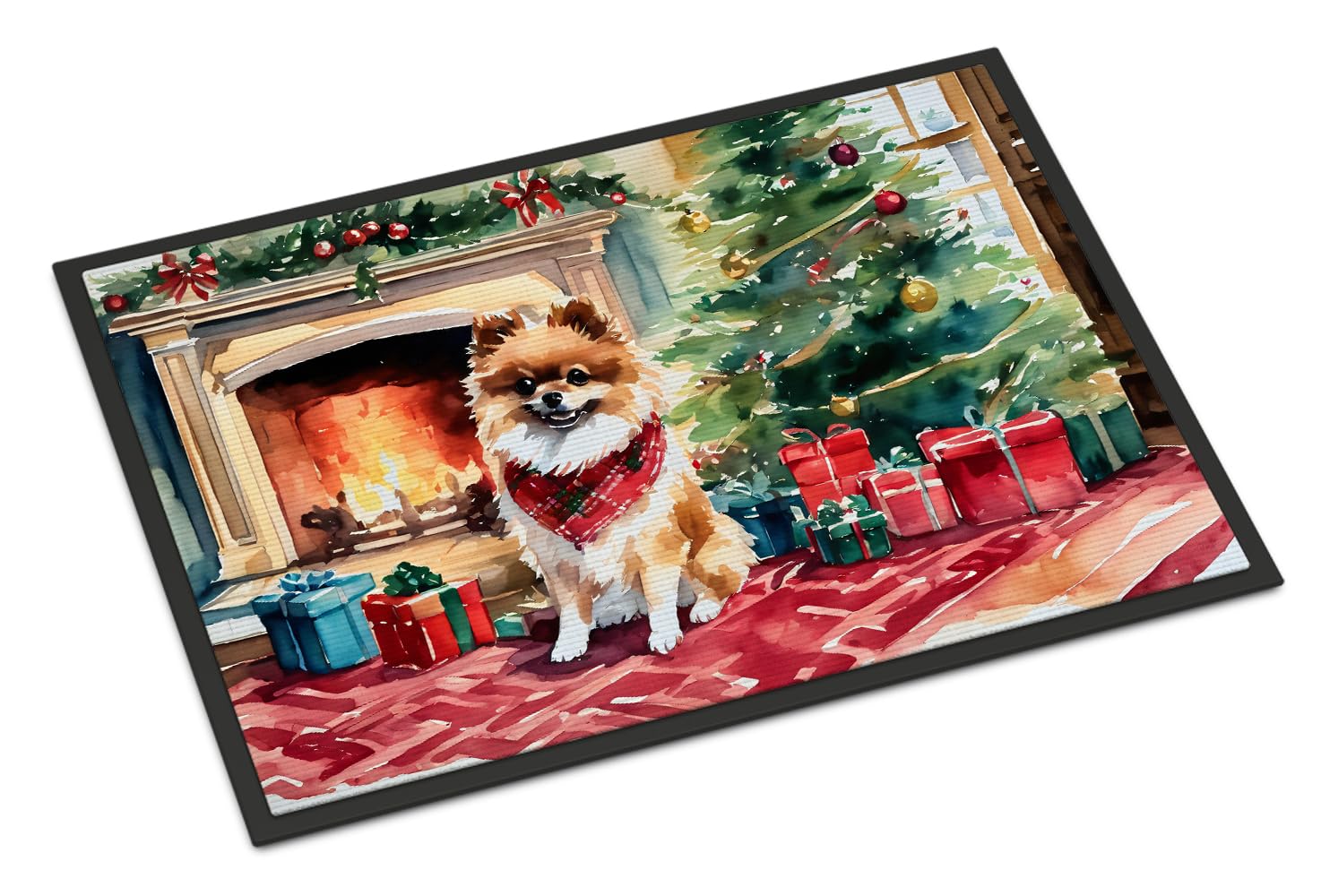 Caroline's Treasures DAC2723MAT Pomeranian Cozy Christmas Doormat Front Door Mat Indoor Outdoor Rugs for Entryway, Non Slip Washable Low Pile, 18H X 27W