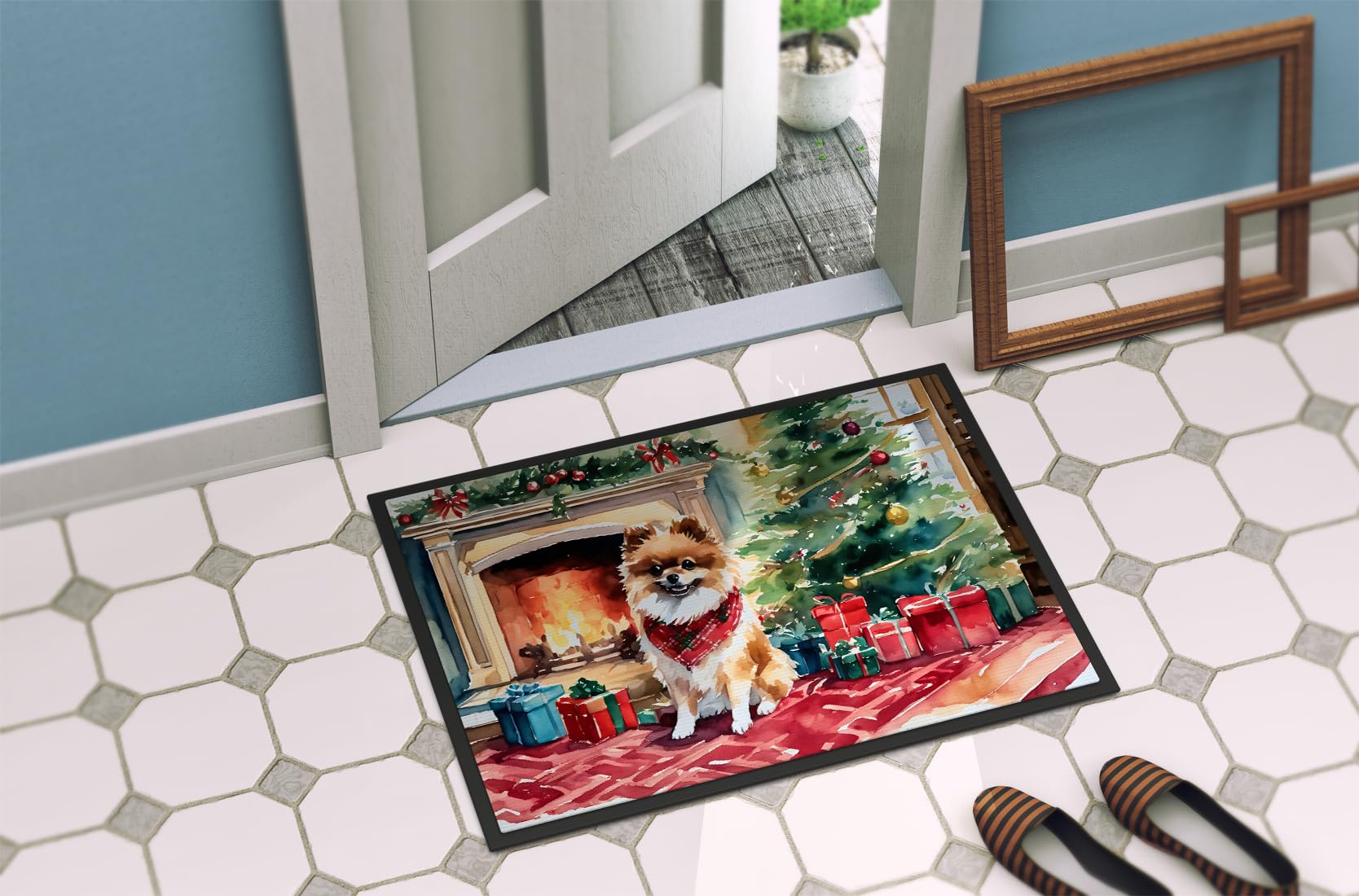 Caroline's Treasures DAC2723MAT Pomeranian Cozy Christmas Doormat Front Door Mat Indoor Outdoor Rugs for Entryway, Non Slip Washable Low Pile, 18H X 27W