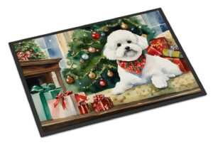 caroline's treasures dac2611jmat bichon frise cozy christmas doormat front door mat indoor outdoor rugs for entryway, non slip washable low pile, 24h x 36w