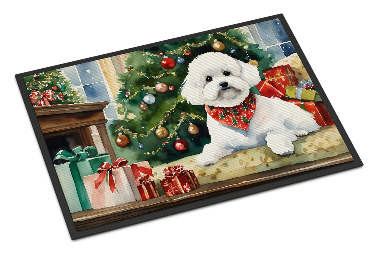 Caroline's Treasures DAC2611JMAT Bichon Frise Cozy Christmas Doormat Front Door Mat Indoor Outdoor Rugs for Entryway, Non Slip Washable Low Pile, 24H X 36W