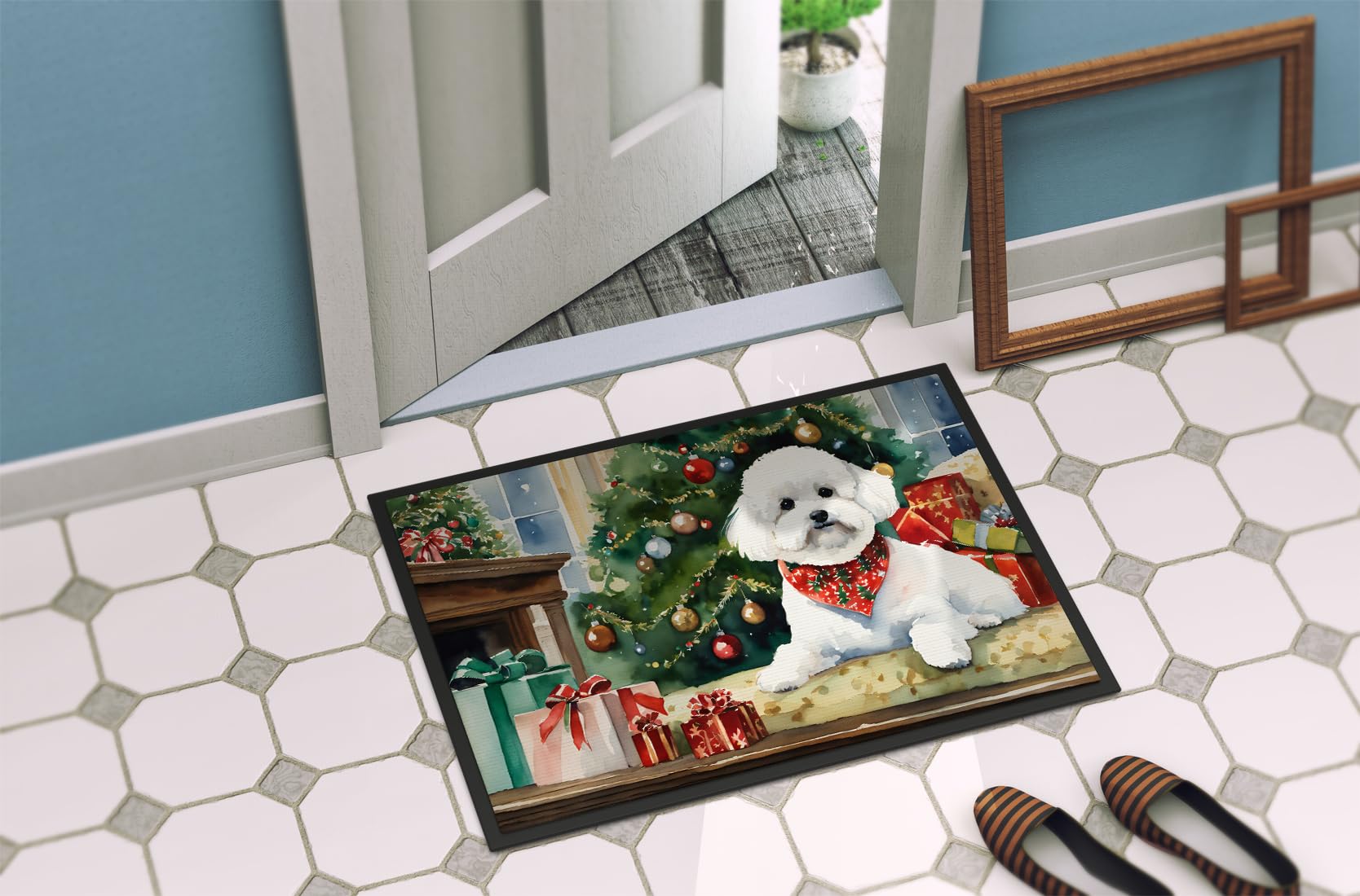 Caroline's Treasures DAC2611JMAT Bichon Frise Cozy Christmas Doormat Front Door Mat Indoor Outdoor Rugs for Entryway, Non Slip Washable Low Pile, 24H X 36W