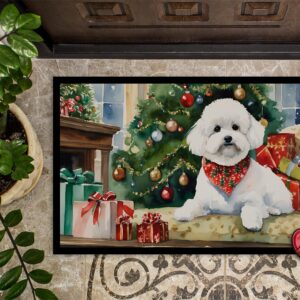 Caroline's Treasures DAC2611JMAT Bichon Frise Cozy Christmas Doormat Front Door Mat Indoor Outdoor Rugs for Entryway, Non Slip Washable Low Pile, 24H X 36W