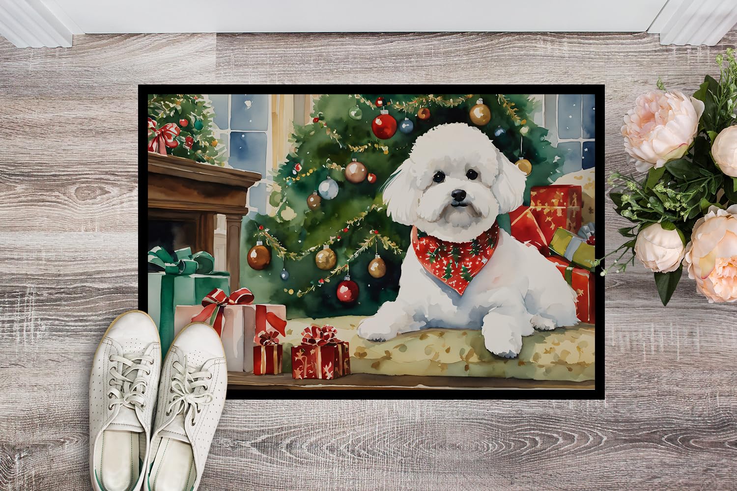 Caroline's Treasures DAC2611JMAT Bichon Frise Cozy Christmas Doormat Front Door Mat Indoor Outdoor Rugs for Entryway, Non Slip Washable Low Pile, 24H X 36W