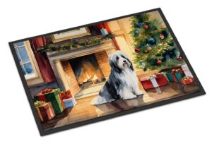 caroline's treasures dac2605mat bearded collie cozy christmas doormat front door mat indoor outdoor rugs for entryway, non slip washable low pile, 18h x 27w