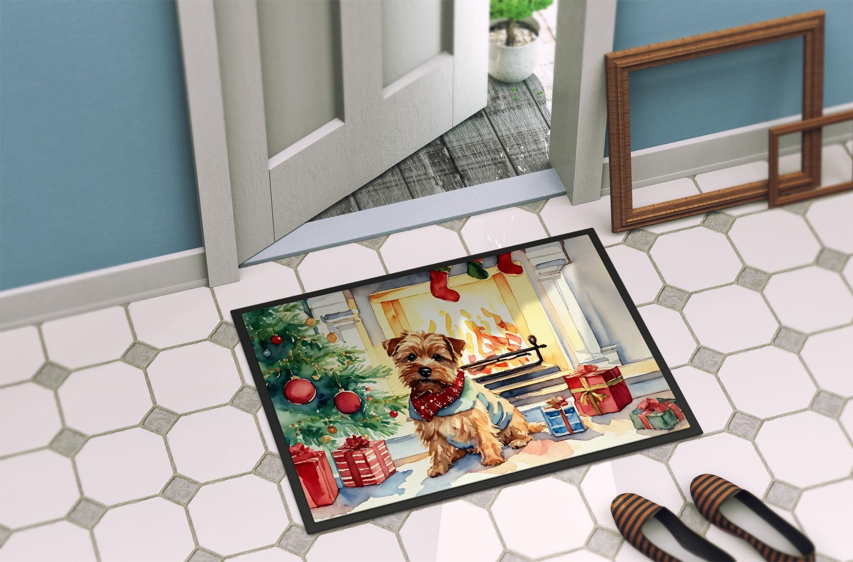 Caroline's Treasures DAC2709MAT Norfolk Terrier Cozy Christmas Doormat Front Door Mat Indoor Outdoor Rugs for Entryway, Non Slip Washable Low Pile, 18H X 27W