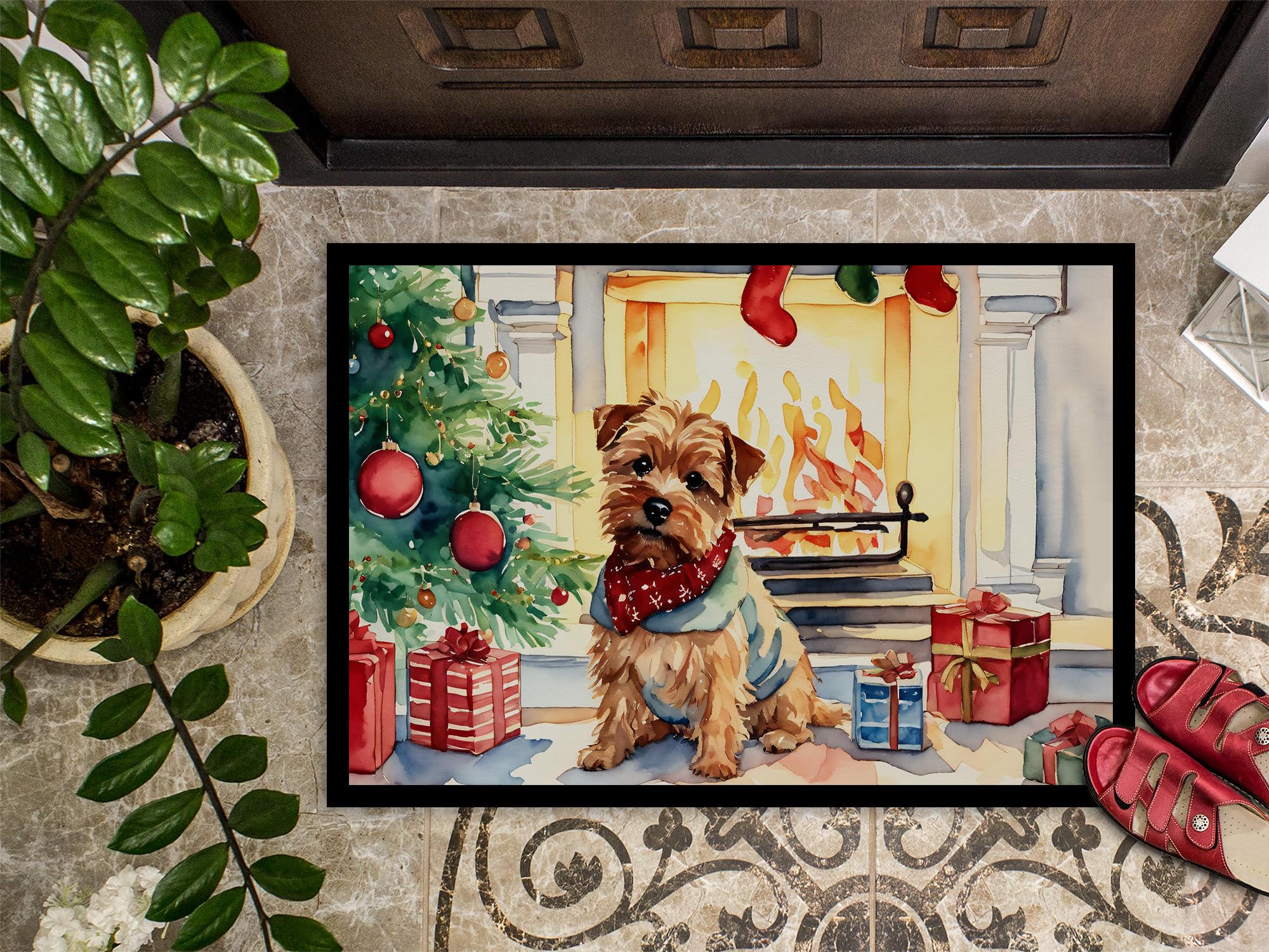 Caroline's Treasures DAC2709MAT Norfolk Terrier Cozy Christmas Doormat Front Door Mat Indoor Outdoor Rugs for Entryway, Non Slip Washable Low Pile, 18H X 27W