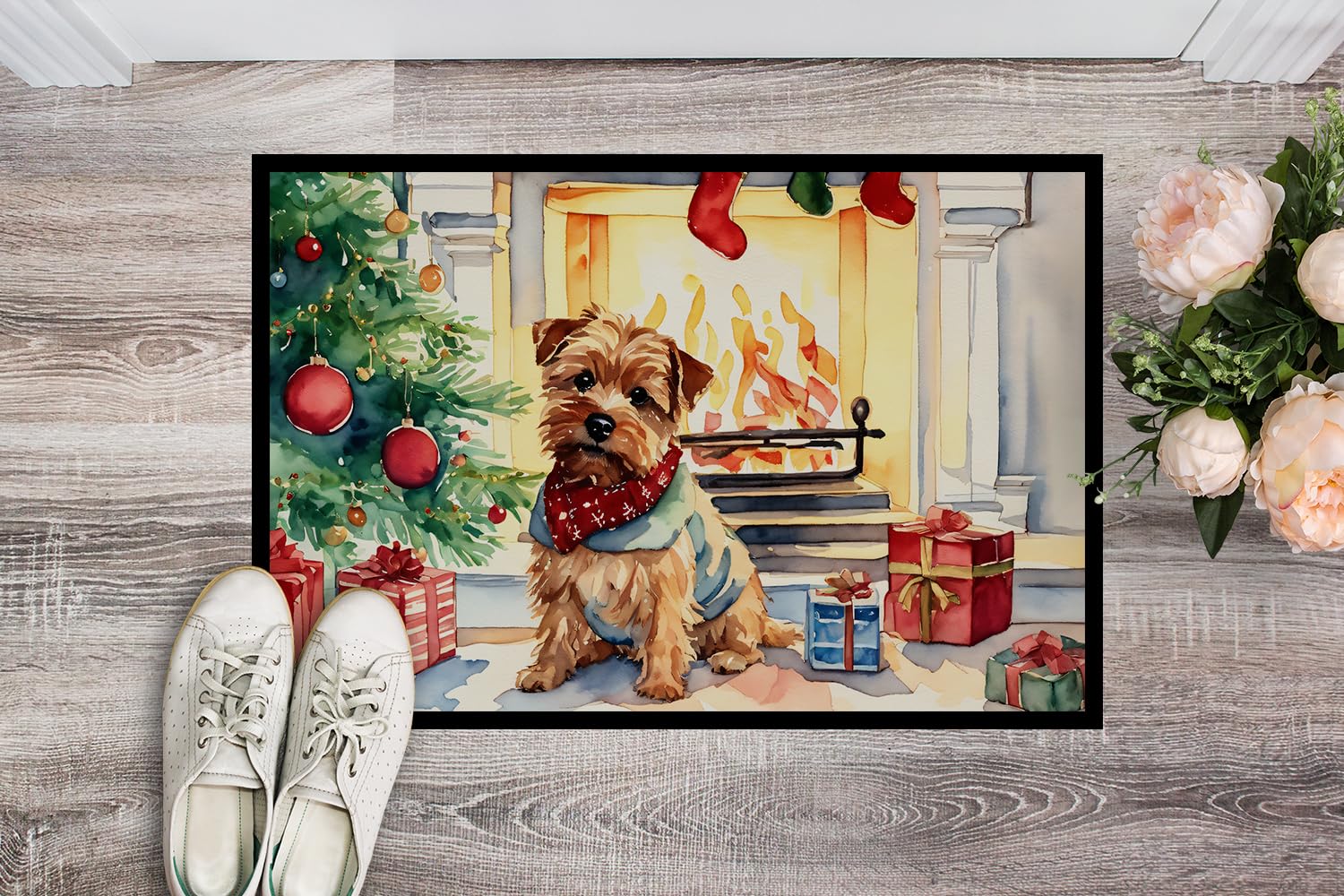 Caroline's Treasures DAC2709MAT Norfolk Terrier Cozy Christmas Doormat Front Door Mat Indoor Outdoor Rugs for Entryway, Non Slip Washable Low Pile, 18H X 27W