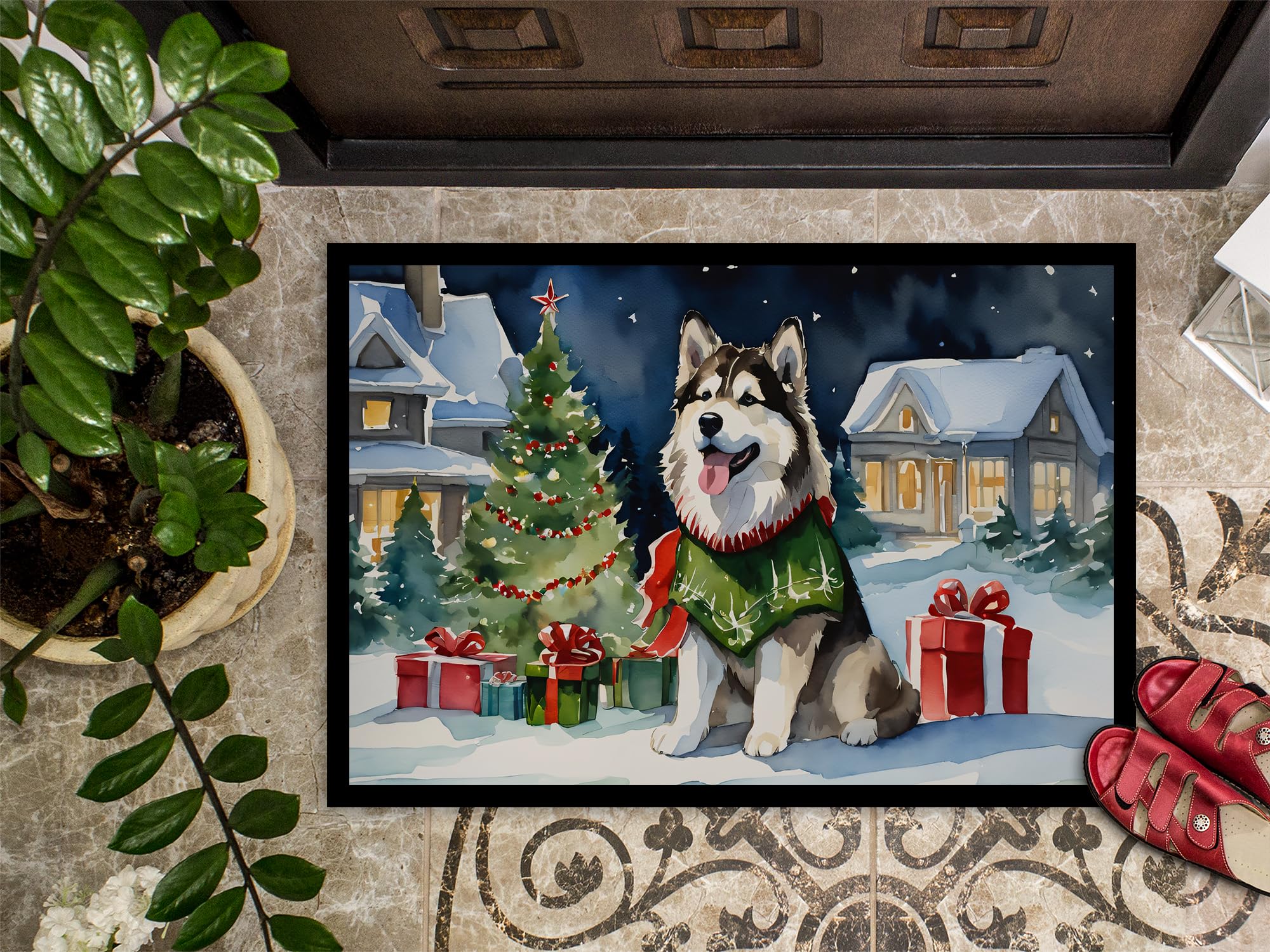 Caroline's Treasures DAC2592MAT Alaskan Malamute Cozy Christmas Doormat Front Door Mat Indoor Outdoor Rugs for Entryway, Non Slip Washable Low Pile, 18H X 27W