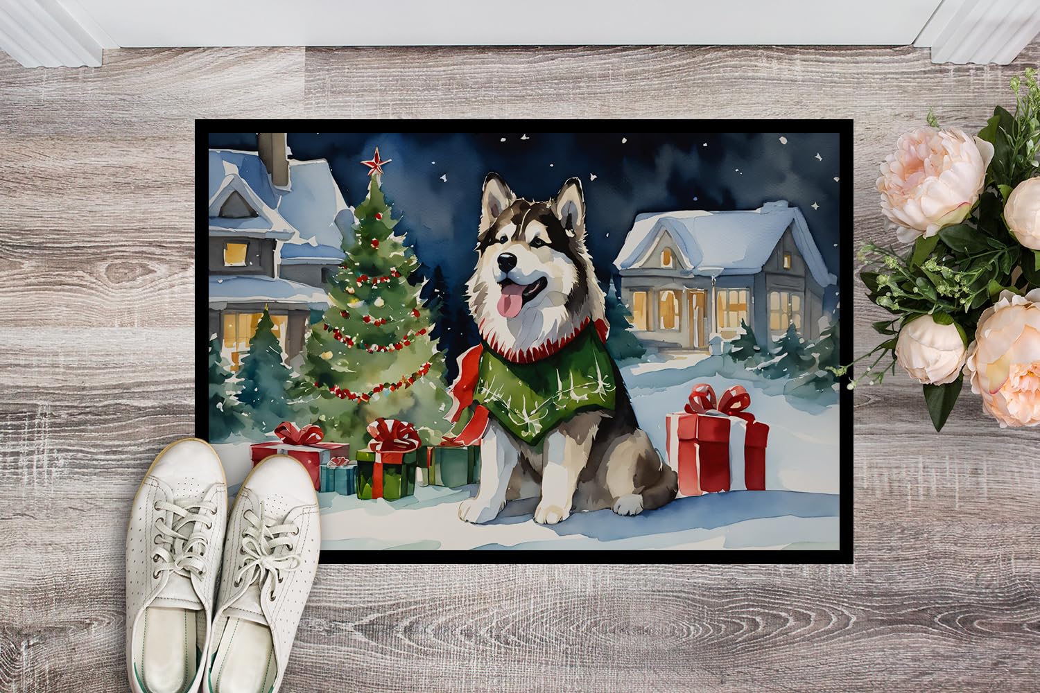 Caroline's Treasures DAC2592MAT Alaskan Malamute Cozy Christmas Doormat Front Door Mat Indoor Outdoor Rugs for Entryway, Non Slip Washable Low Pile, 18H X 27W