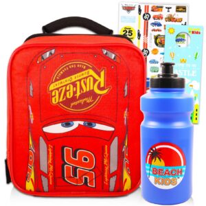 disney cars lunch box for boys, kids - bundle with premium insulated lightning mcqueen lunch bag plus tattoos, beach kids water bottle, more | disney cars school supplies