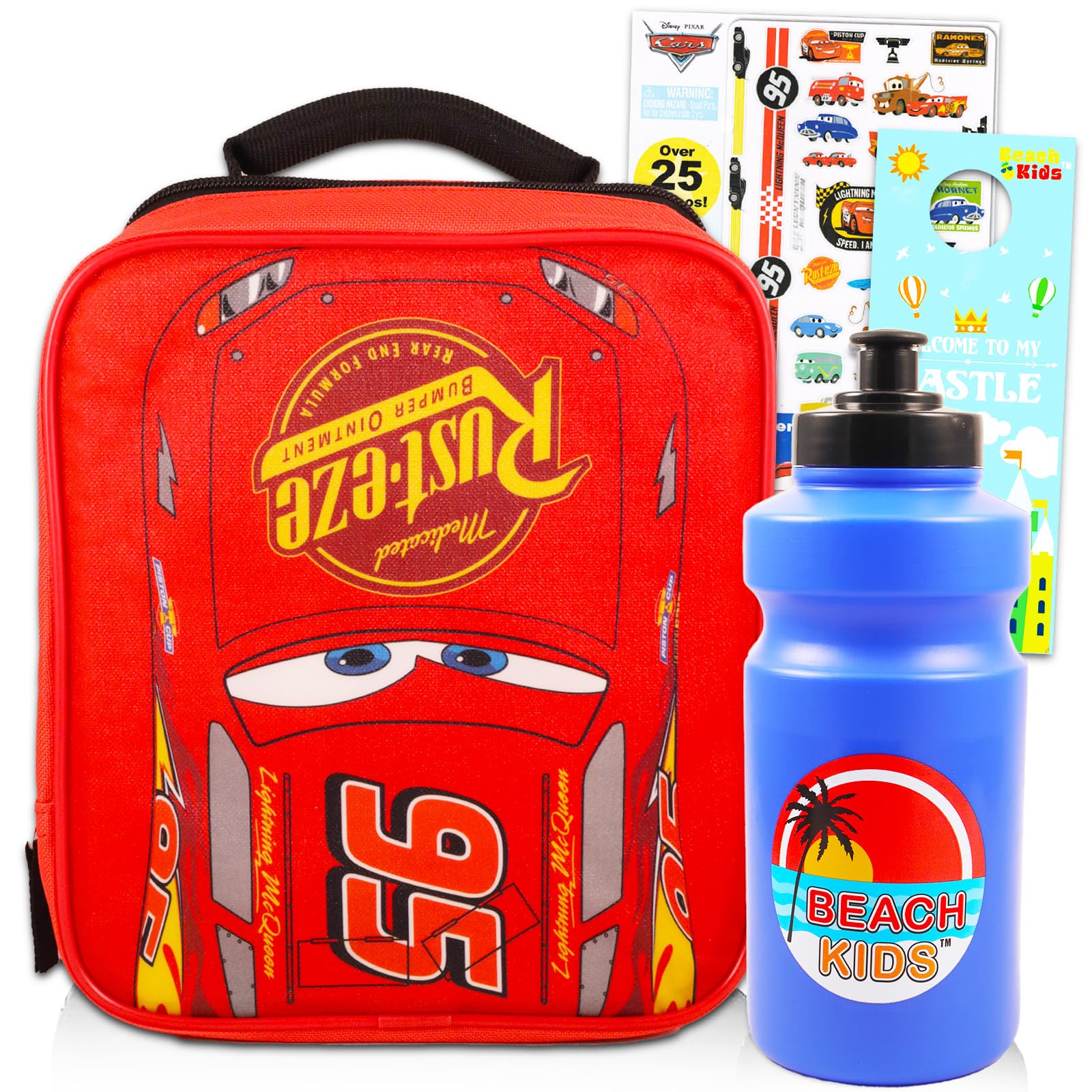 Disney Cars Lunch Box for Boys, Kids - Bundle with Premium Insulated Lightning McQueen Lunch Bag Plus Tattoos, Beach Kids Water Bottle, More | Disney Cars School Supplies