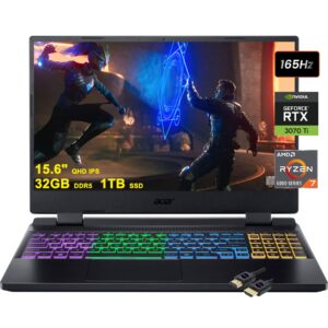 acer nitro 5 15 gaming laptop | 15.6" qhd ips 165hz | amd 8-core ryzen 7 6800h (>i7-11370h) | 32gb ddr5 1tb ssd | geforce rtx3070ti 8gb graphic | rgb backlit hdmi usb-c win11 black + hdmi cable