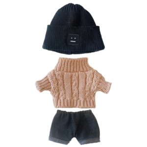 niannyyhouse doll clothes suit 7.8in/20cm plush doll clothes hat + sweater + shorts 3-piece set doll dressup square face hat denim shorts white sweater (brown)