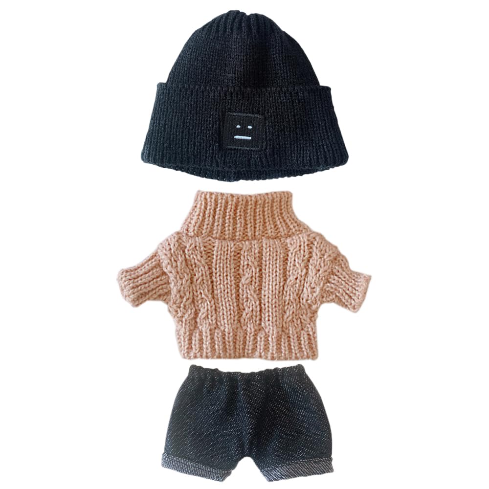 niannyyhouse Doll Clothes Suit 7.8in/20cm Plush Doll Clothes Hat + Sweater + Shorts 3-Piece Set Doll Dressup Square Face Hat Denim Shorts White Sweater (Brown)