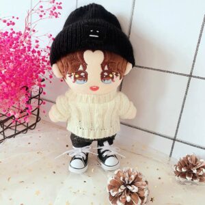 niannyyhouse Doll Clothes Suit 7.8in/20cm Plush Doll Clothes Hat + Sweater + Shorts 3-Piece Set Doll Dressup Square Face Hat Denim Shorts White Sweater (Brown)