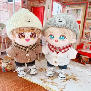 niannyyhouse Doll Clothes Suit 7.8in/20cm Plush Doll Clothes Hat + Sweater + Shorts 3-Piece Set Doll Dressup Square Face Hat Denim Shorts White Sweater (Brown)