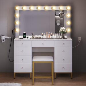 dwvo vanity desk set with hollywood bulbs mirror power outlet, large glass top vanity makeup mirror desk crystal handle 3 color lighting modes 9 drawers magnifying glass, makeup vanity w/bench, white