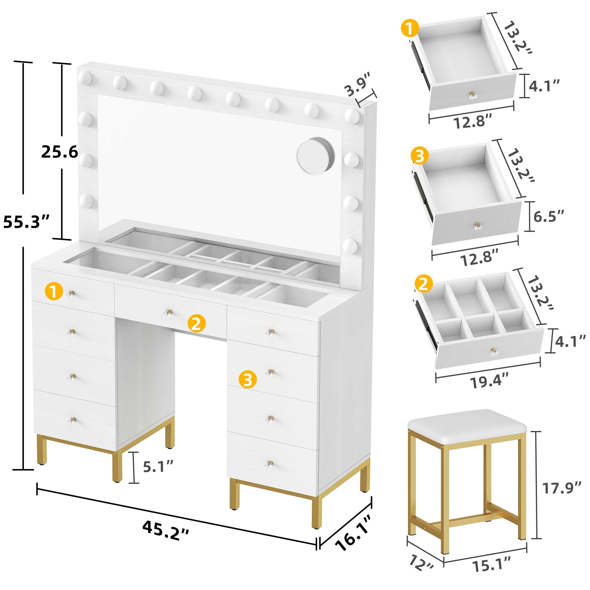 DWVO Vanity Desk Set with Hollywood Bulbs Mirror Power Outlet, Large Glass Top Vanity Makeup Mirror Desk Crystal Handle 3 Color Lighting Modes 9 Drawers Magnifying Glass, Makeup Vanity w/Bench, White