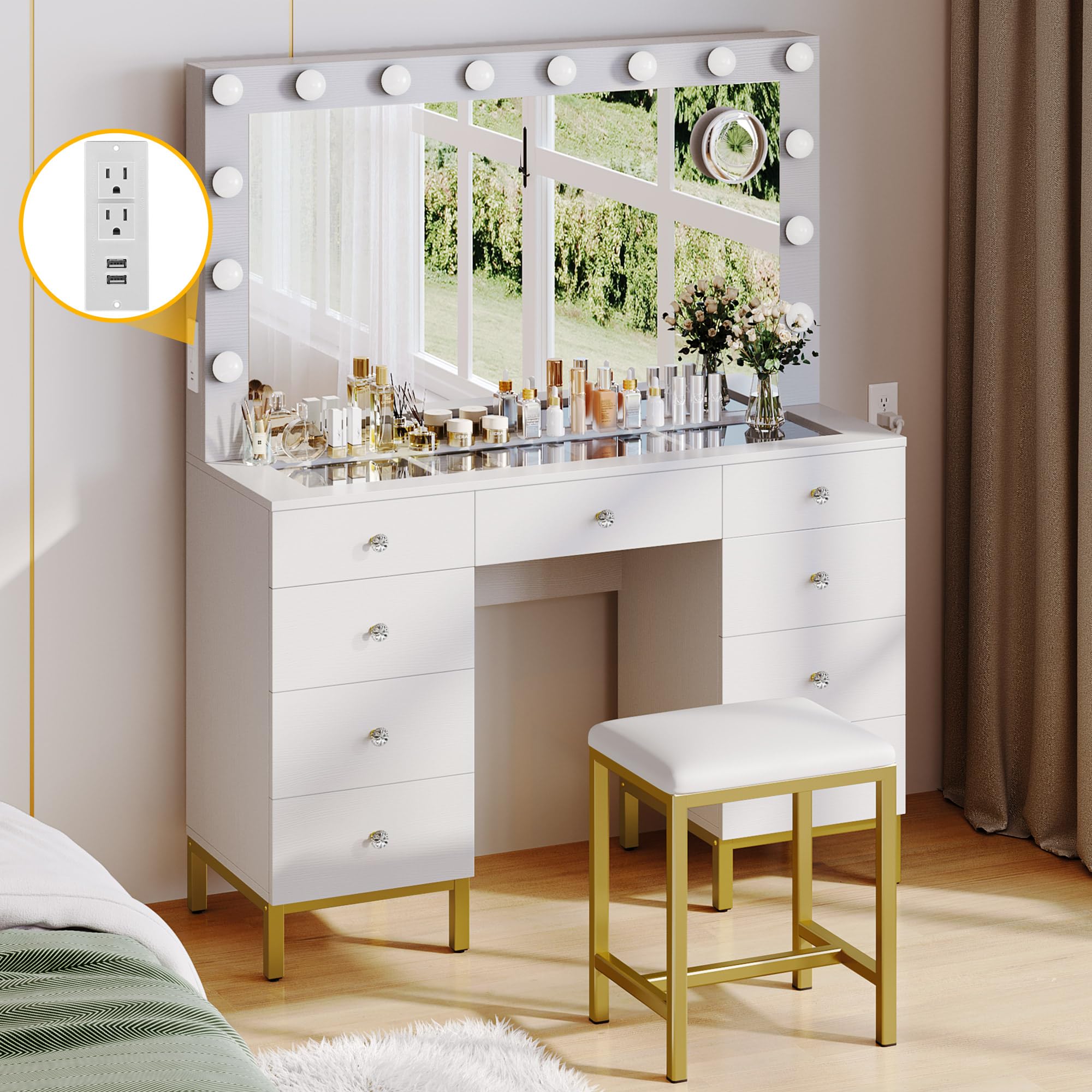 DWVO Vanity Desk Set with Hollywood Bulbs Mirror Power Outlet, Large Glass Top Vanity Makeup Mirror Desk Crystal Handle 3 Color Lighting Modes 9 Drawers Magnifying Glass, Makeup Vanity w/Bench, White