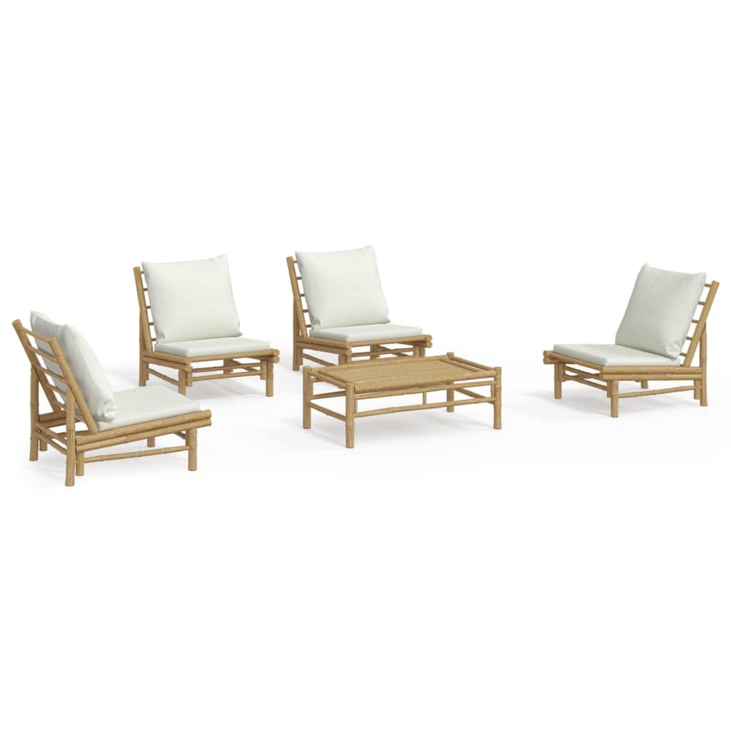 VRAXO 5 Piece Patio Lounge Set with Cream White Cushions Bamboo,Outdoor Furniture Sets-106.48lbs