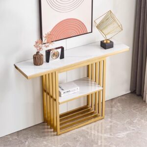 modern faux marble narrow hall desk sofa side table, 2-tier open storage shelf, slim display, accent table for entryway, living room, bedroom and foyer (color : gold, size : 80x30x80cm)