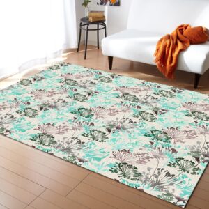 2' x 3' area rug, teal brown flowers non-skid rubber backing large rectangle rugs - living room bedroom home office spring floral botanical rustic indoor floor mat carpets