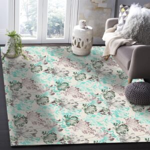 2' x 3' Area Rug, Teal Brown Flowers Non-Skid Rubber Backing Large Rectangle Rugs - Living Room Bedroom Home Office Spring Floral Botanical Rustic Indoor Floor Mat Carpets