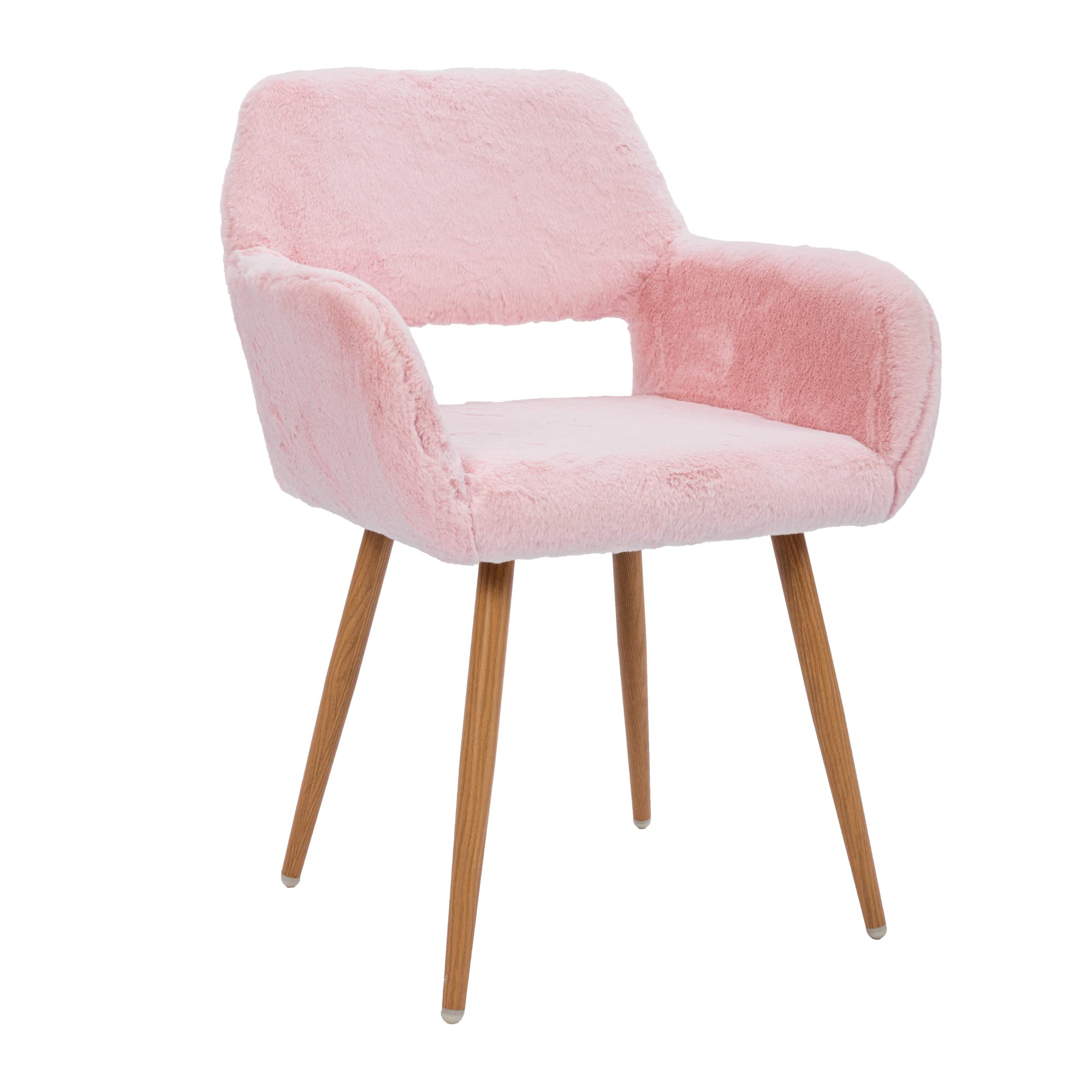 Pink Faux Fur Desk Chair with Wood Transfer Metal Legs,Furry Makeup Vanity Chair with Upholstered Back Comfy Home Office Desk Chair for Girls Women Arm Chair for Bedroom Living Room Task Chair