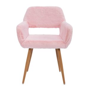 Pink Faux Fur Desk Chair with Wood Transfer Metal Legs,Furry Makeup Vanity Chair with Upholstered Back Comfy Home Office Desk Chair for Girls Women Arm Chair for Bedroom Living Room Task Chair