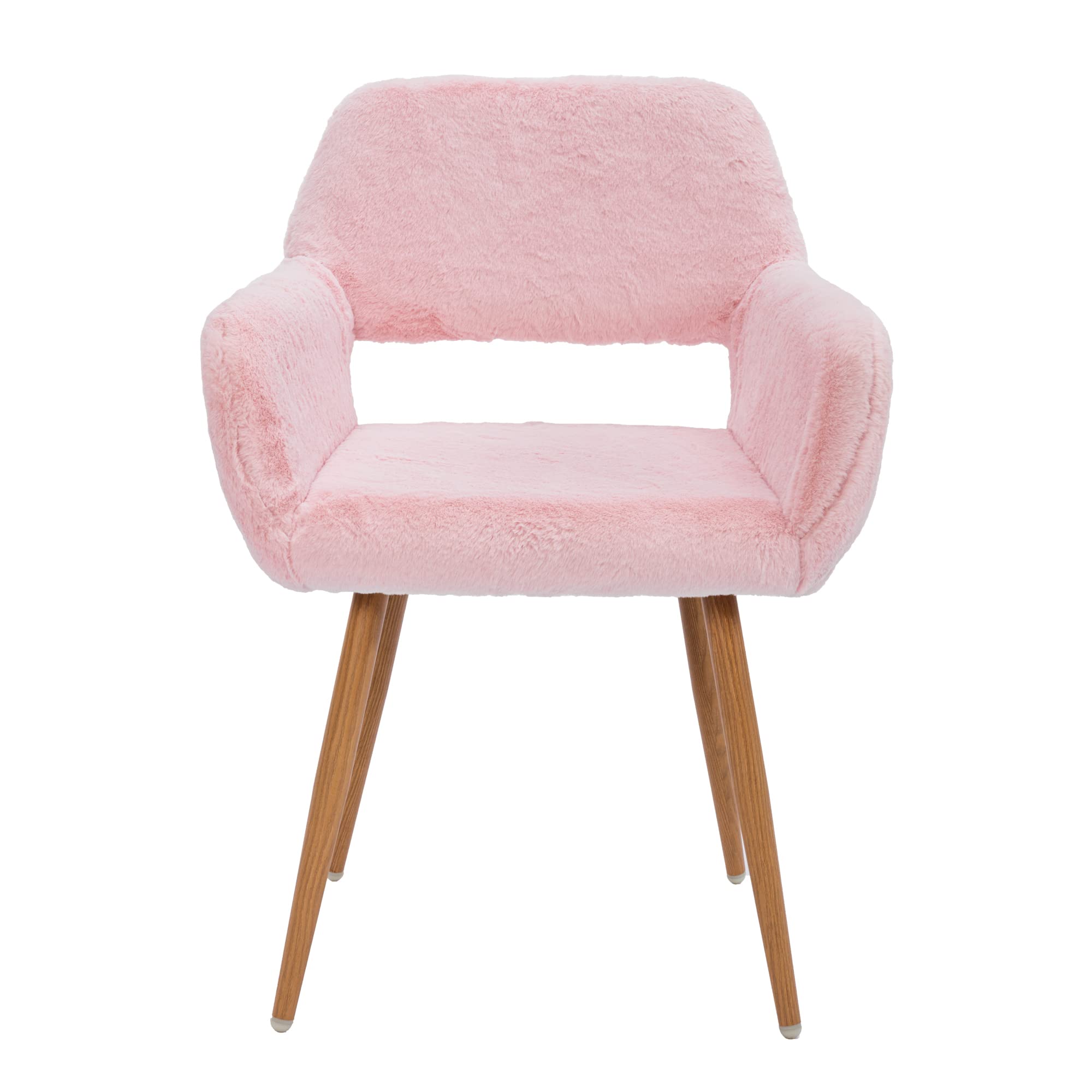 Pink Faux Fur Desk Chair with Wood Transfer Metal Legs,Furry Makeup Vanity Chair with Upholstered Back Comfy Home Office Desk Chair for Girls Women Arm Chair for Bedroom Living Room Task Chair