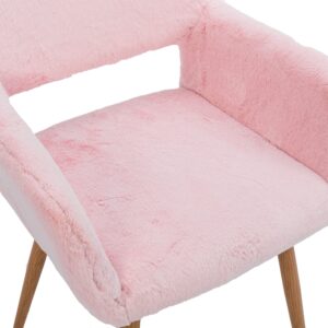 Pink Faux Fur Desk Chair with Wood Transfer Metal Legs,Furry Makeup Vanity Chair with Upholstered Back Comfy Home Office Desk Chair for Girls Women Arm Chair for Bedroom Living Room Task Chair