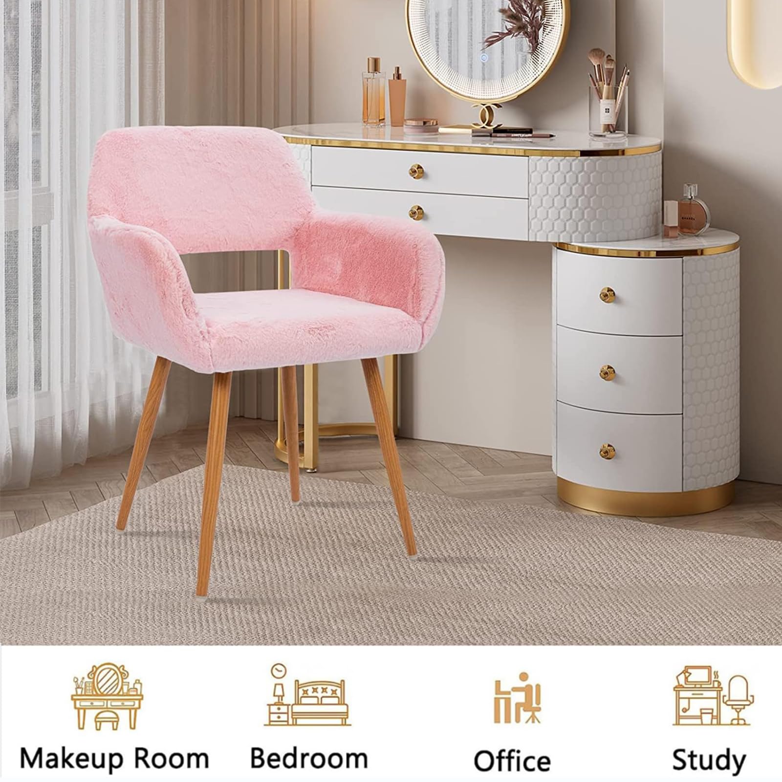 Pink Faux Fur Desk Chair with Wood Transfer Metal Legs,Furry Makeup Vanity Chair with Upholstered Back Comfy Home Office Desk Chair for Girls Women Arm Chair for Bedroom Living Room Task Chair