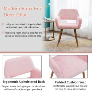 Pink Faux Fur Desk Chair with Wood Transfer Metal Legs,Furry Makeup Vanity Chair with Upholstered Back Comfy Home Office Desk Chair for Girls Women Arm Chair for Bedroom Living Room Task Chair