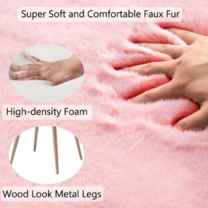 Pink Faux Fur Desk Chair with Wood Transfer Metal Legs,Furry Makeup Vanity Chair with Upholstered Back Comfy Home Office Desk Chair for Girls Women Arm Chair for Bedroom Living Room Task Chair