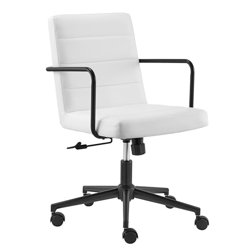 Euro Style White Faux Leather/Black Steel Leander Rolling Office Chair with Armrests - Modern Computer Desk Chair with Wheels for Work, Gaming