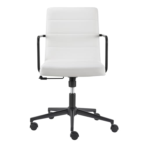 Euro Style White Faux Leather/Black Steel Leander Rolling Office Chair with Armrests - Modern Computer Desk Chair with Wheels for Work, Gaming