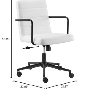 Euro Style White Faux Leather/Black Steel Leander Rolling Office Chair with Armrests - Modern Computer Desk Chair with Wheels for Work, Gaming