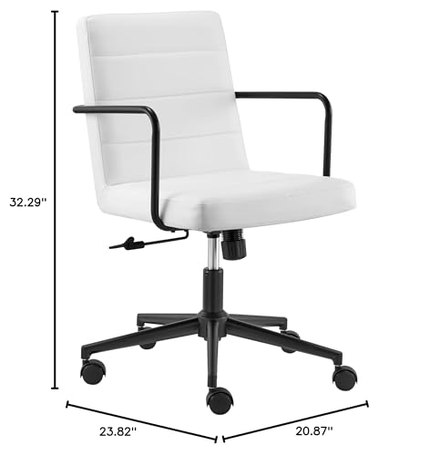 Euro Style White Faux Leather/Black Steel Leander Rolling Office Chair with Armrests - Modern Computer Desk Chair with Wheels for Work, Gaming