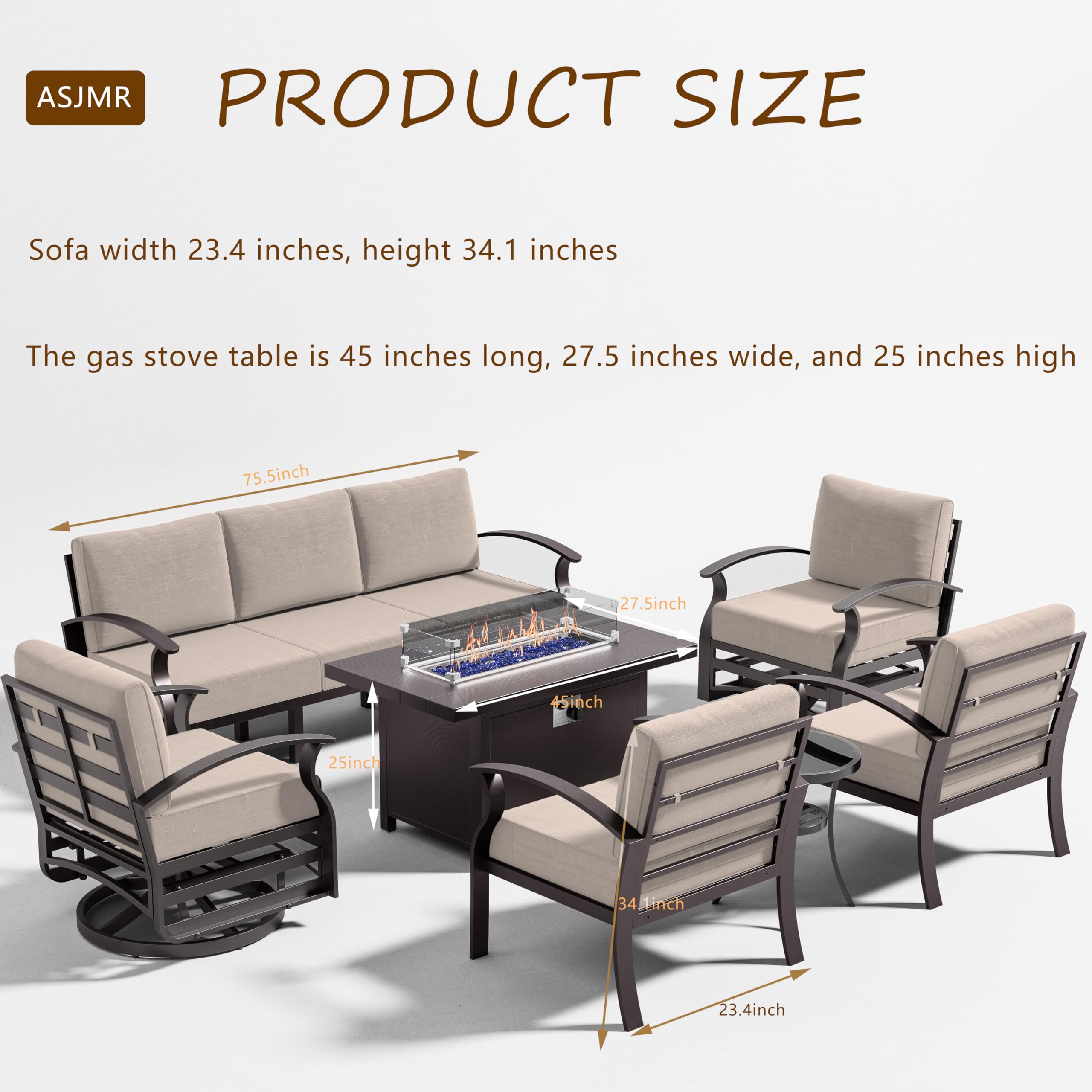 ASJMR Patio Furniture Set 7-piece aluminum armrest sofa, modern outdoor living room set with 55000 BTU propane aluminum fireplace, outdoor rotary joystick with thick cushion - （Brown）