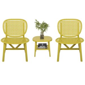 3 Pieces Hollow Design Patio Table Chair Set All Weather Conversation Bistro Set Outdoor Coffee Table with Open Shelf and Lounge Chairs with Widened Seat for Balcony Garden Yard Yellow