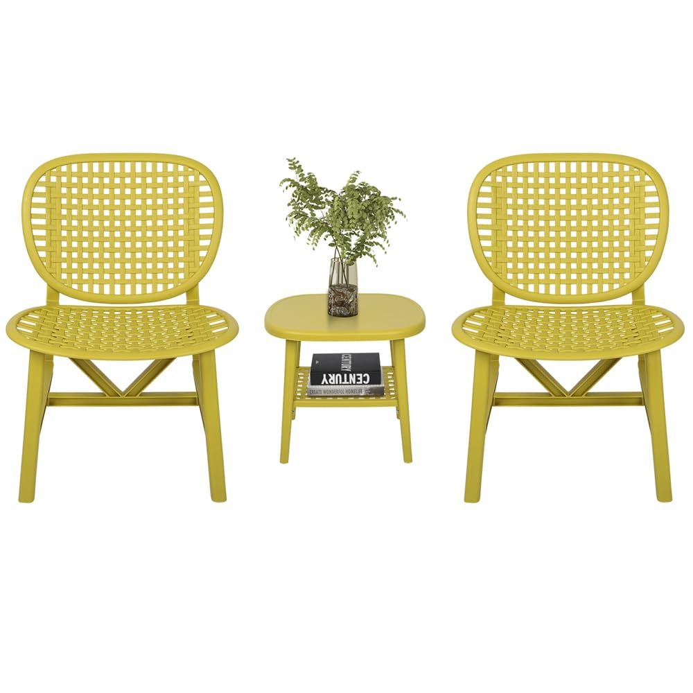 3 Pieces Hollow Design Patio Table Chair Set All Weather Conversation Bistro Set Outdoor Coffee Table with Open Shelf and Lounge Chairs with Widened Seat for Balcony Garden Yard Yellow